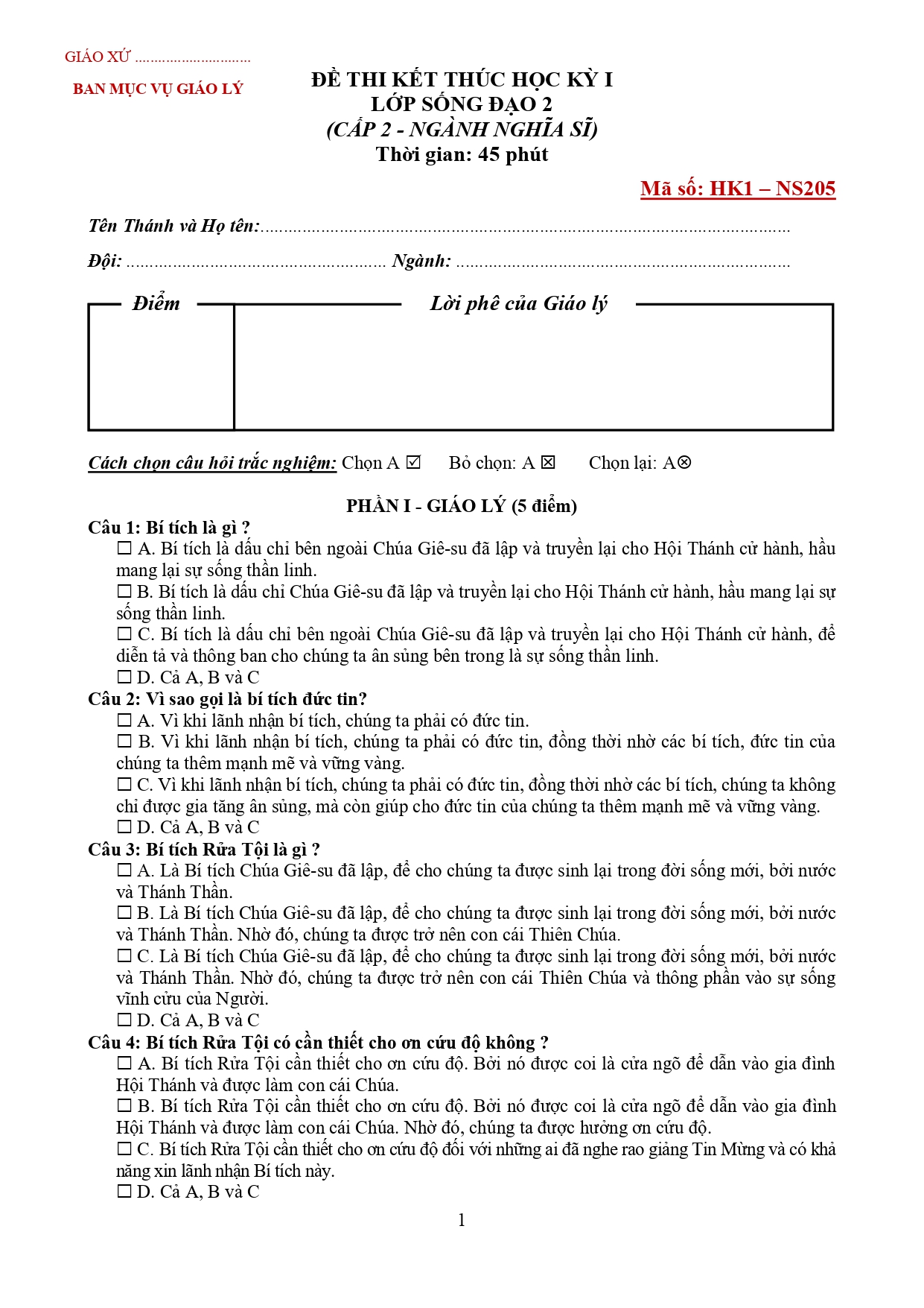 40 - Đề thi Học kỳ I - Ngành Nghĩa sĩ cấp 2 - Mã số: HK1-NS205